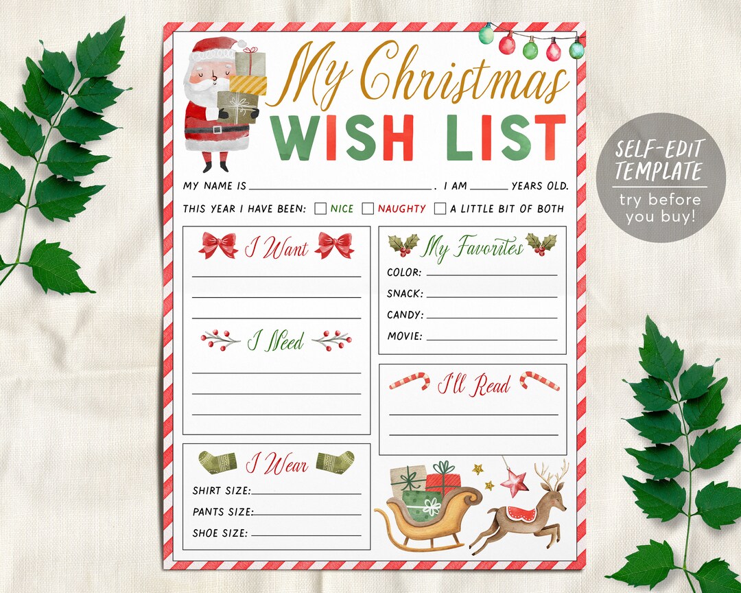 Christmas Wish List for Kids Editable Template (Instant Download) - Etsy