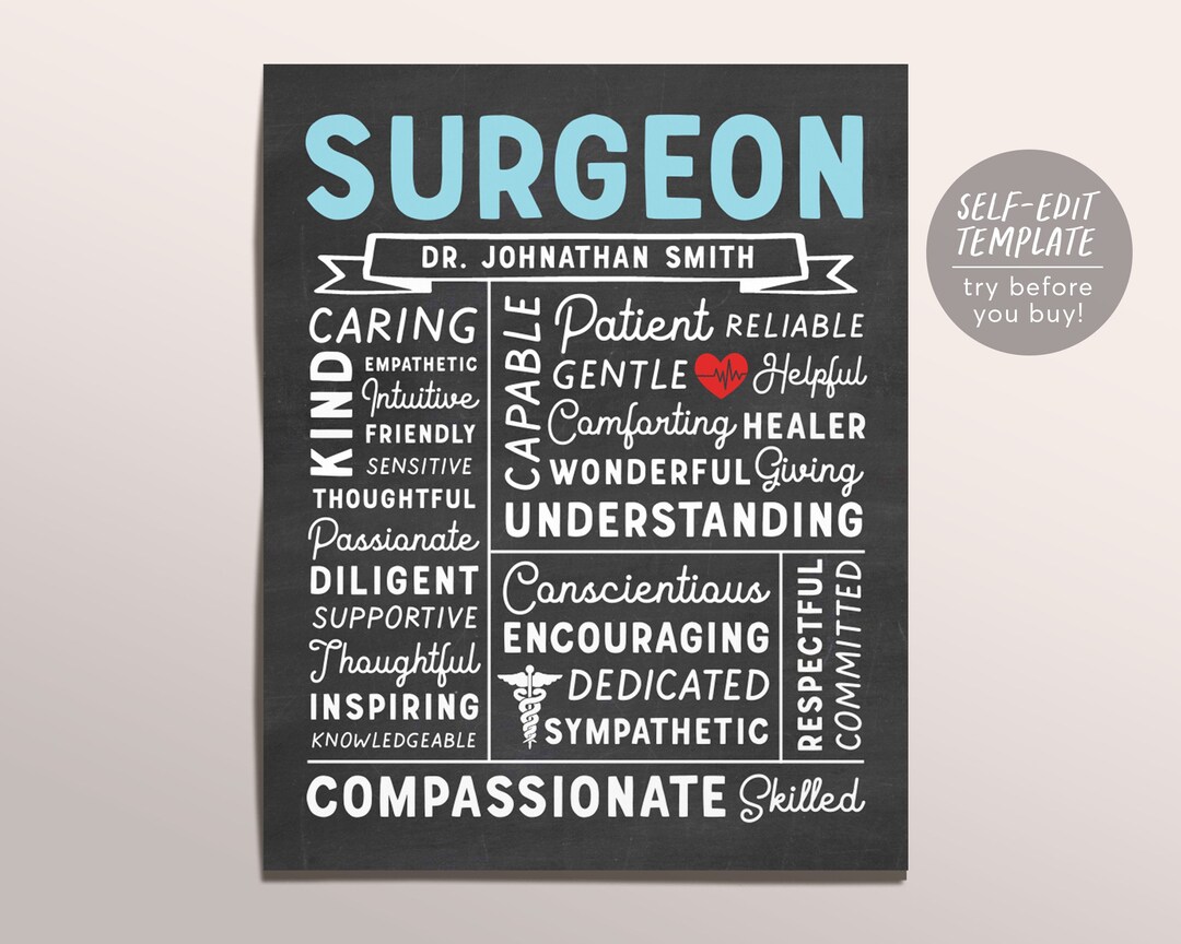 Editable Surgeon Chalkboard Gift Print Template, New Doctor ...