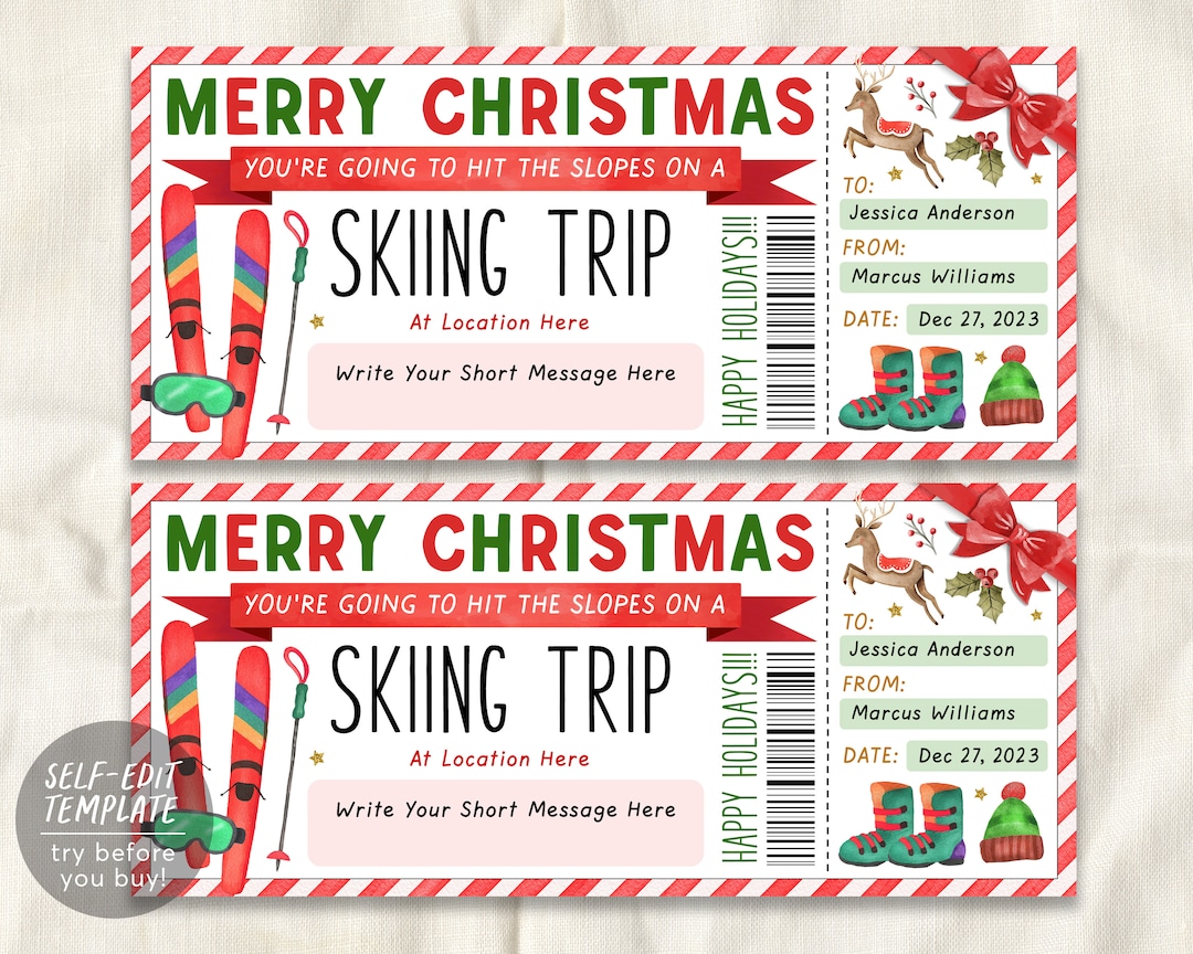 Ski Pass Christmas Gift Certificate Editable Template, Surprise Holiday ...