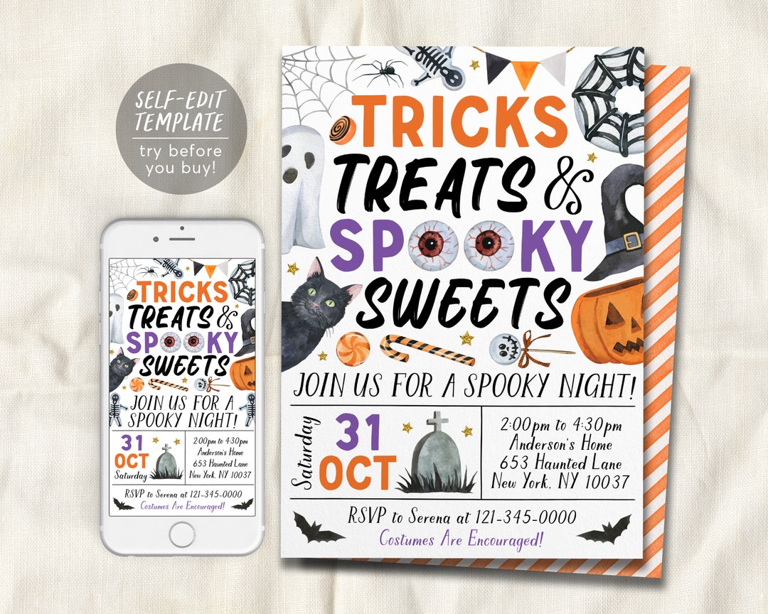 Halloween Party Invitation Editable Template, Tricks Treats and Spooky ...