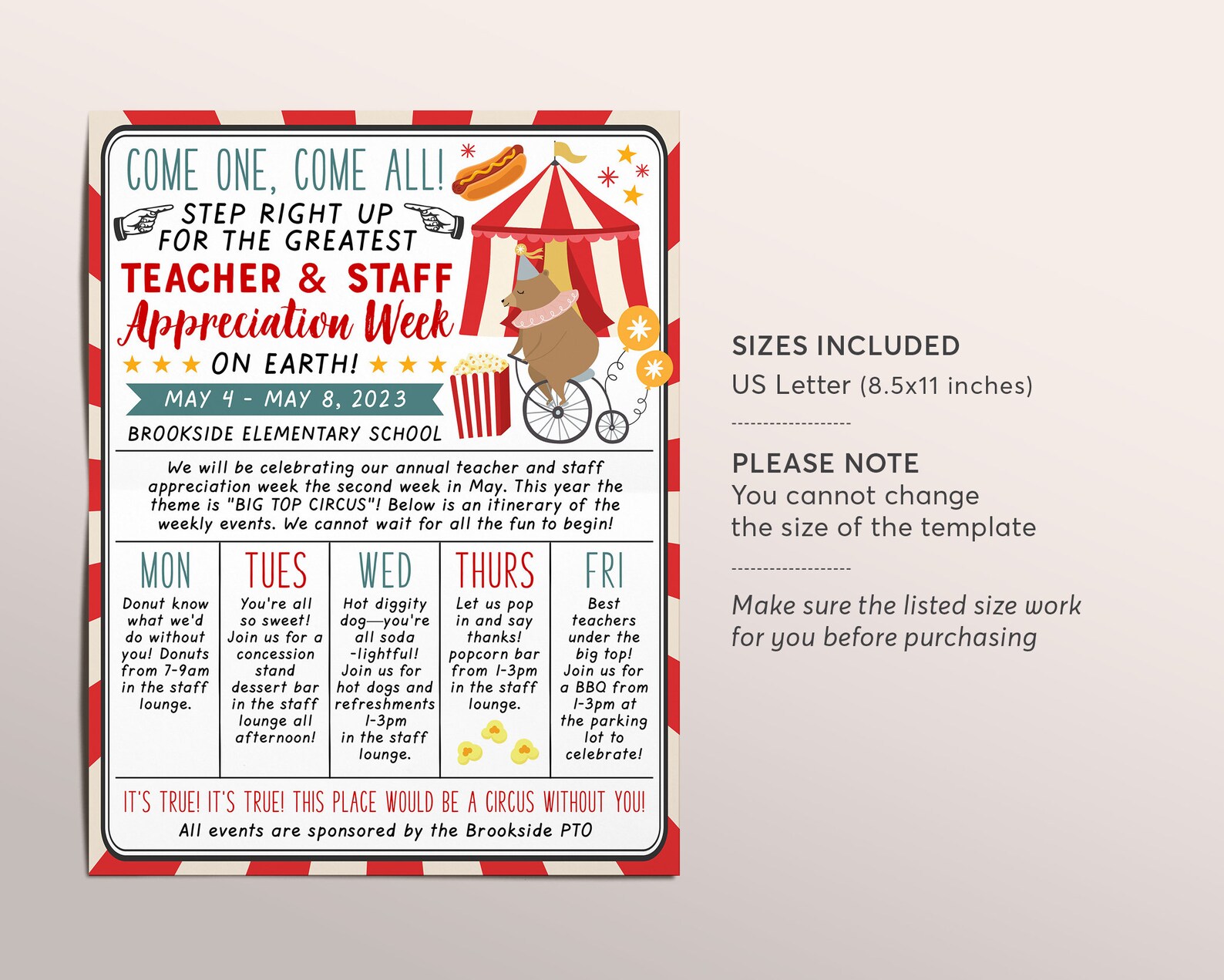 Circus Theme Teacher Appreciation Week Schedule Editable Template, Big ...