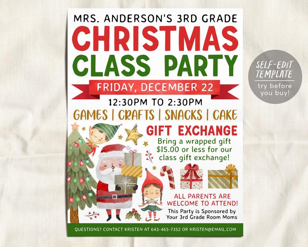 Class Christmas Party Flyer Editable Template, School Christmas Party ...