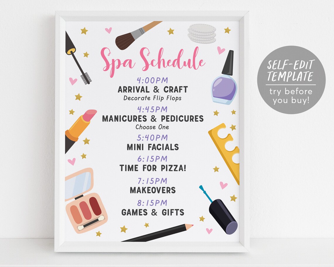 Spa Schedule Sign Editable Template, Spa Party Timeline, Tween Birthday ...