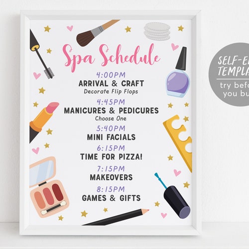 Spa Schedule Sign Editable Template Spa Party Timeline Tween - Etsy