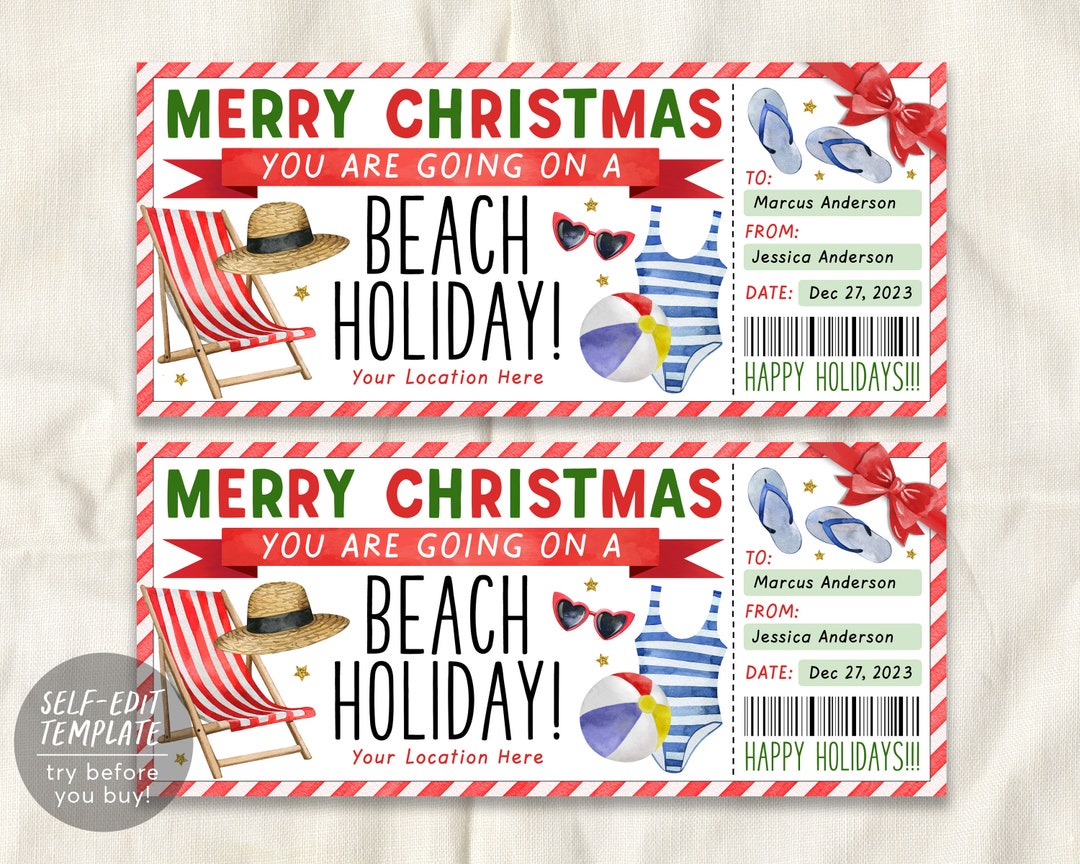Tropical Beach Vacation Ticket Editable Template, Christmas Surprise ...