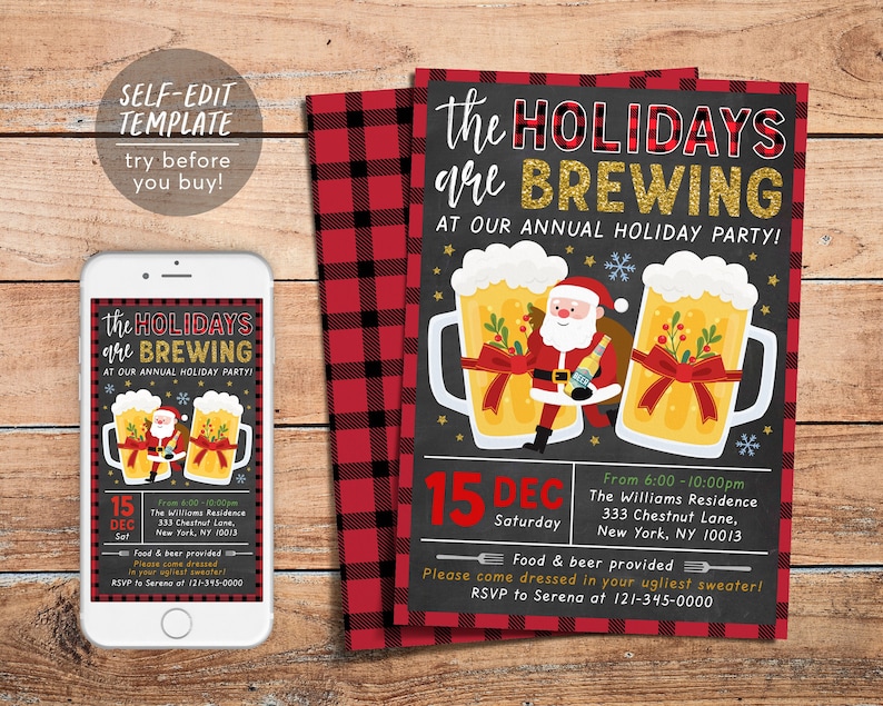 Holidays Are Brewing Christmas Beer Party Invitation Editable Template ...