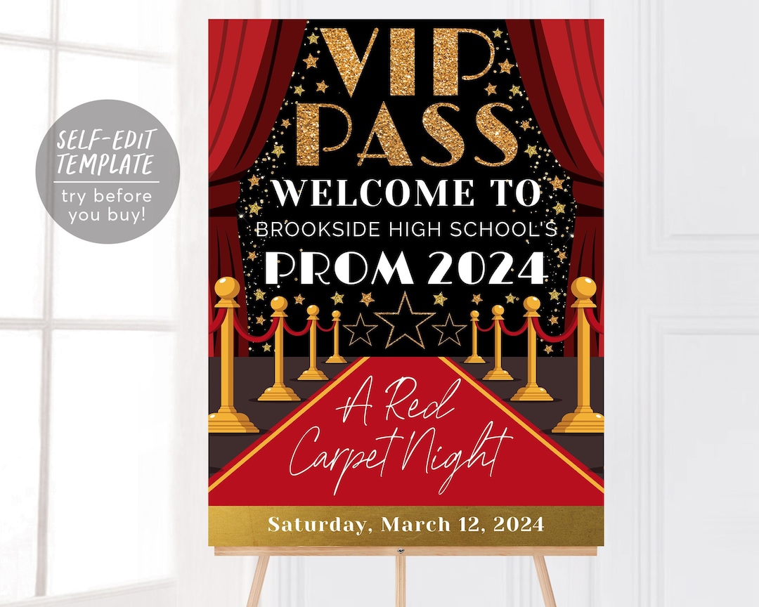 VIP Pass Prom School Dance Welcome Sign Editable Template, Red Carpet ...
