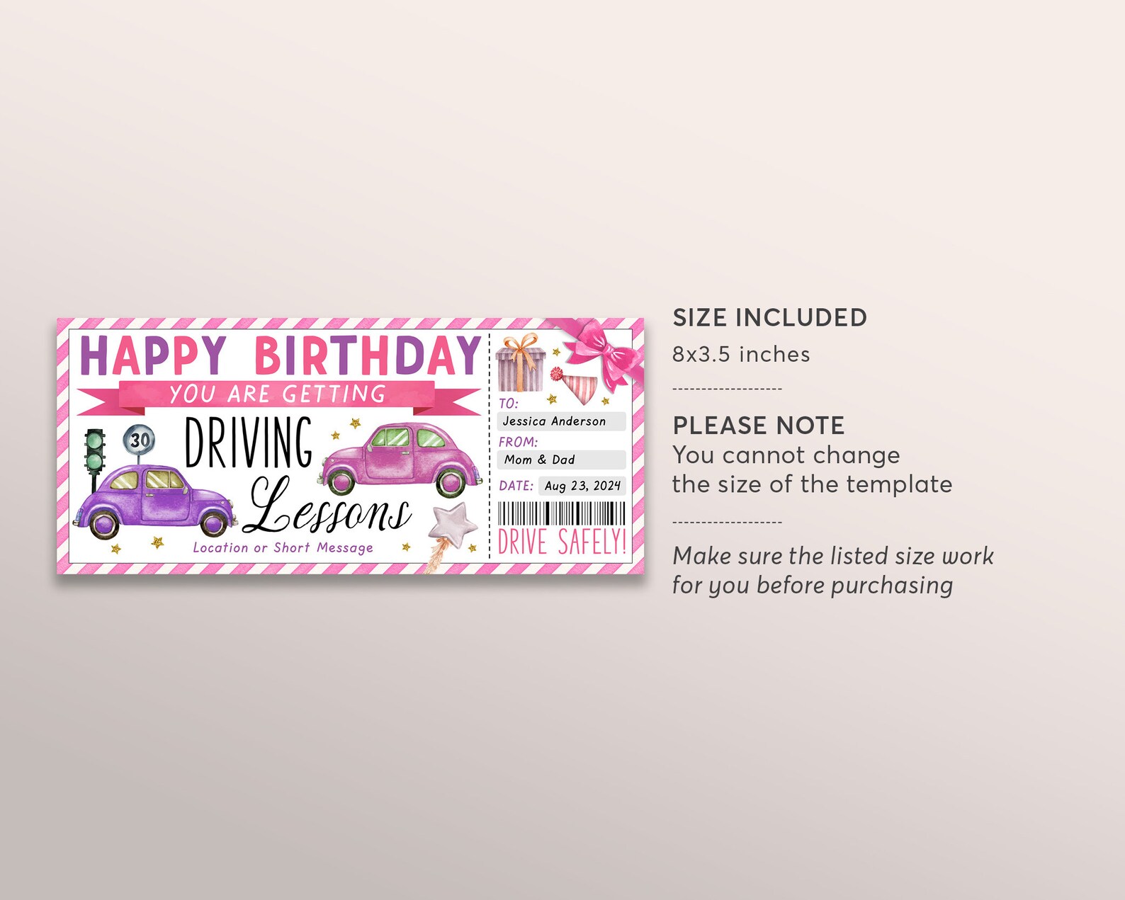 Driving Lessons Gift Certificate Editable Template, 17th Birthday ...