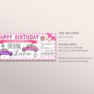 Driving Lessons Gift Certificate Editable Template, 17th Birthday ...