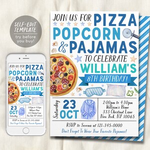 Pizza Popcorn Pajamas Birthday Invitation Editable Template, Boy Tween ...