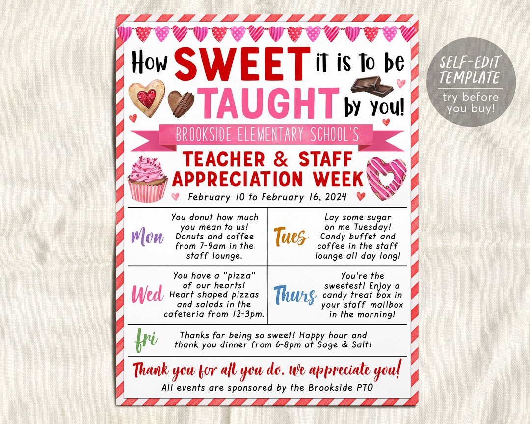 Valentine's Day Teacher Staff Appreciation Week Itinerary Flyer ...
