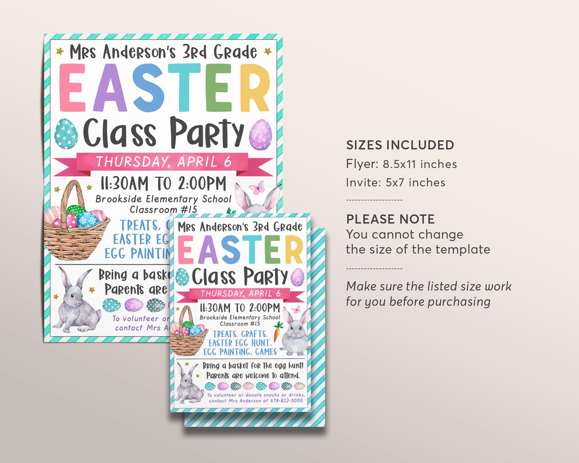 Easter Class Party Invitation Editable Template, Spring Celebration ...