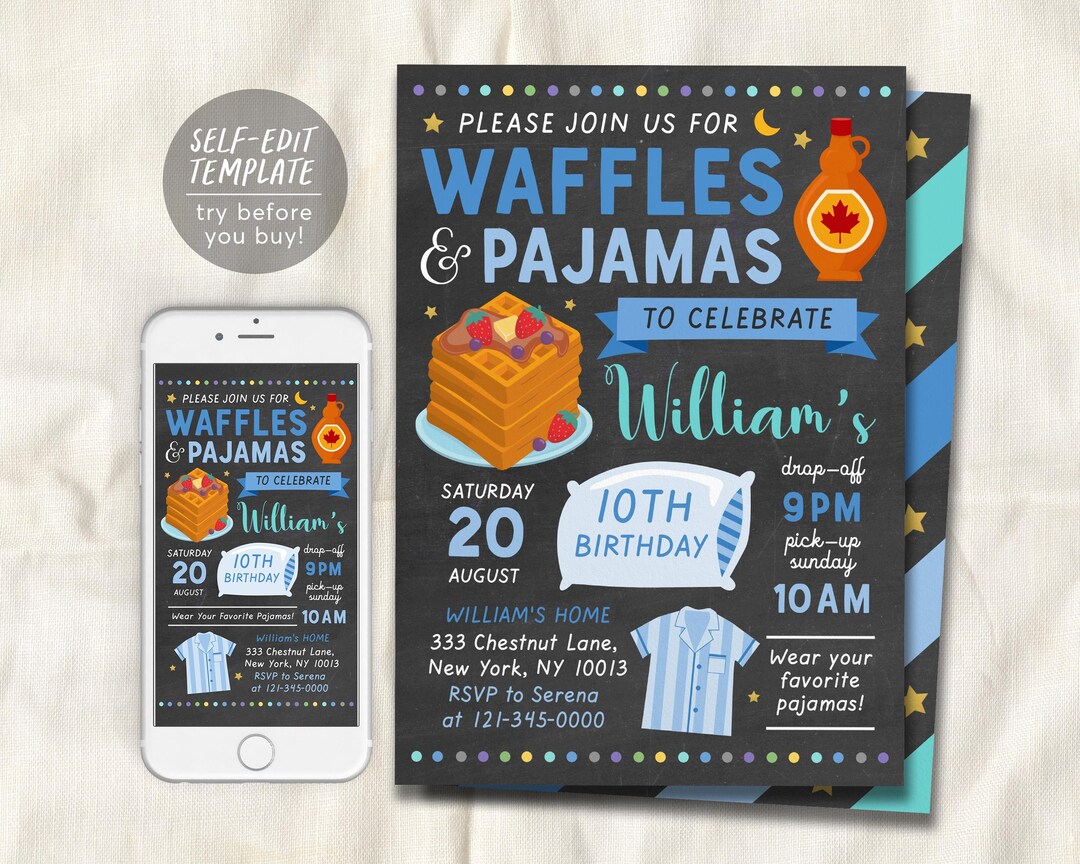 Waffles and Pajamas Party Birthday Invitation Editable Template, Boy ...