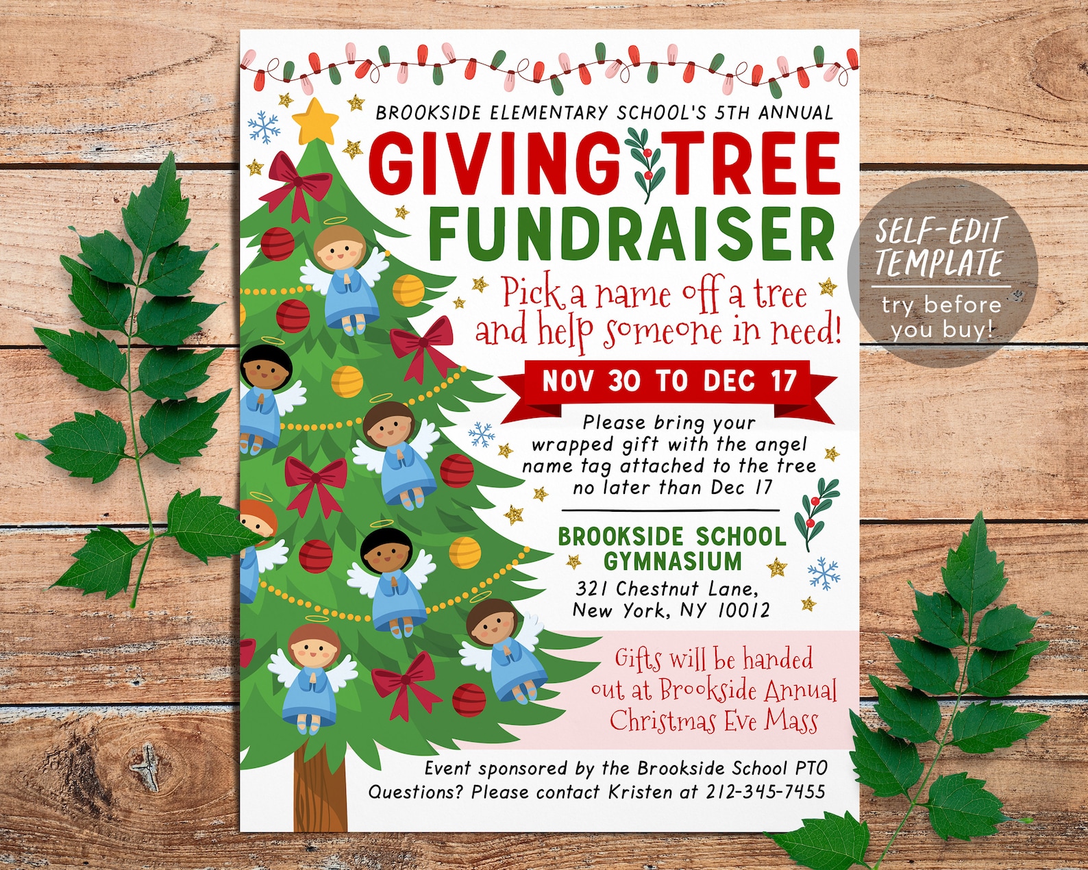 Christmas Giving Tree With Angels Fundraiser Flyer Editable Template ...