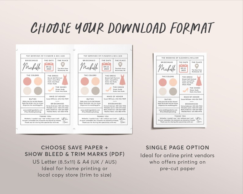 Bridesmaid Info Card Editable Template Bridal Party Info - Etsy