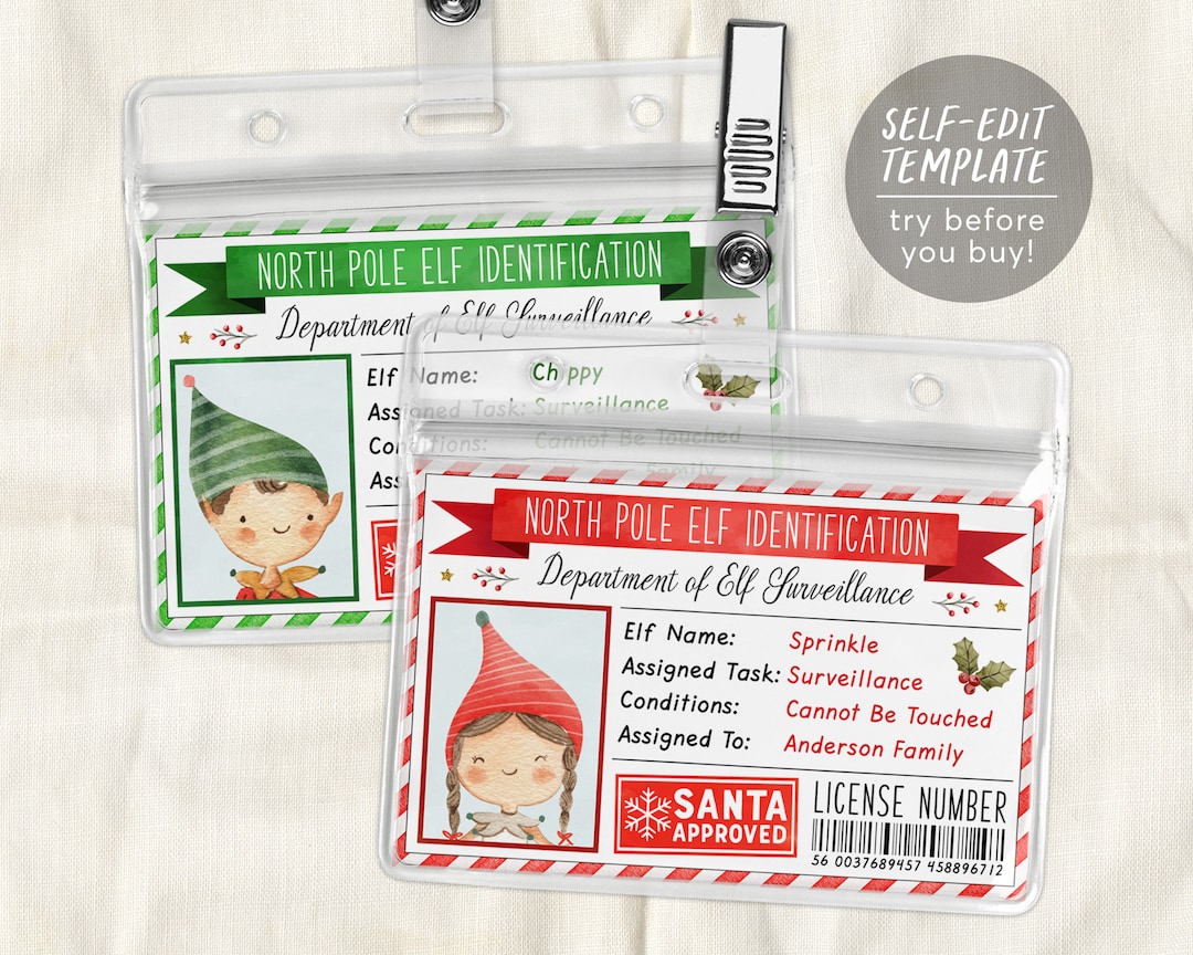 Elf ID Card Editable Template, Lost Boy and Girl Elf License, Santa Cam ...