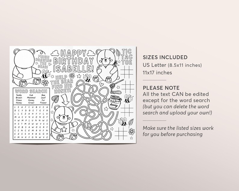 Teddy Bear Coloring Placemat for Kids Editable Template - Etsy