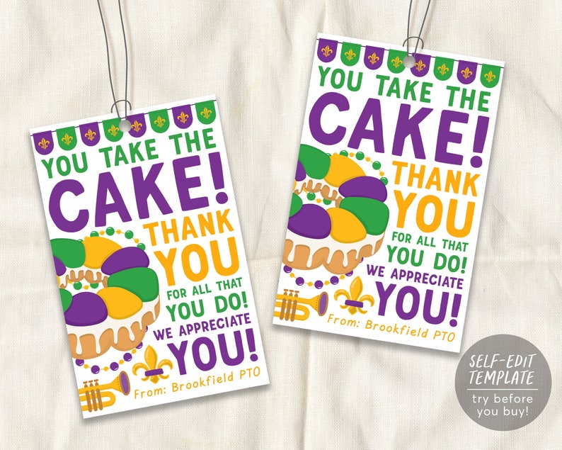 Mardi Gras King Cake Thank You Gift Tags Editable Template - Etsy