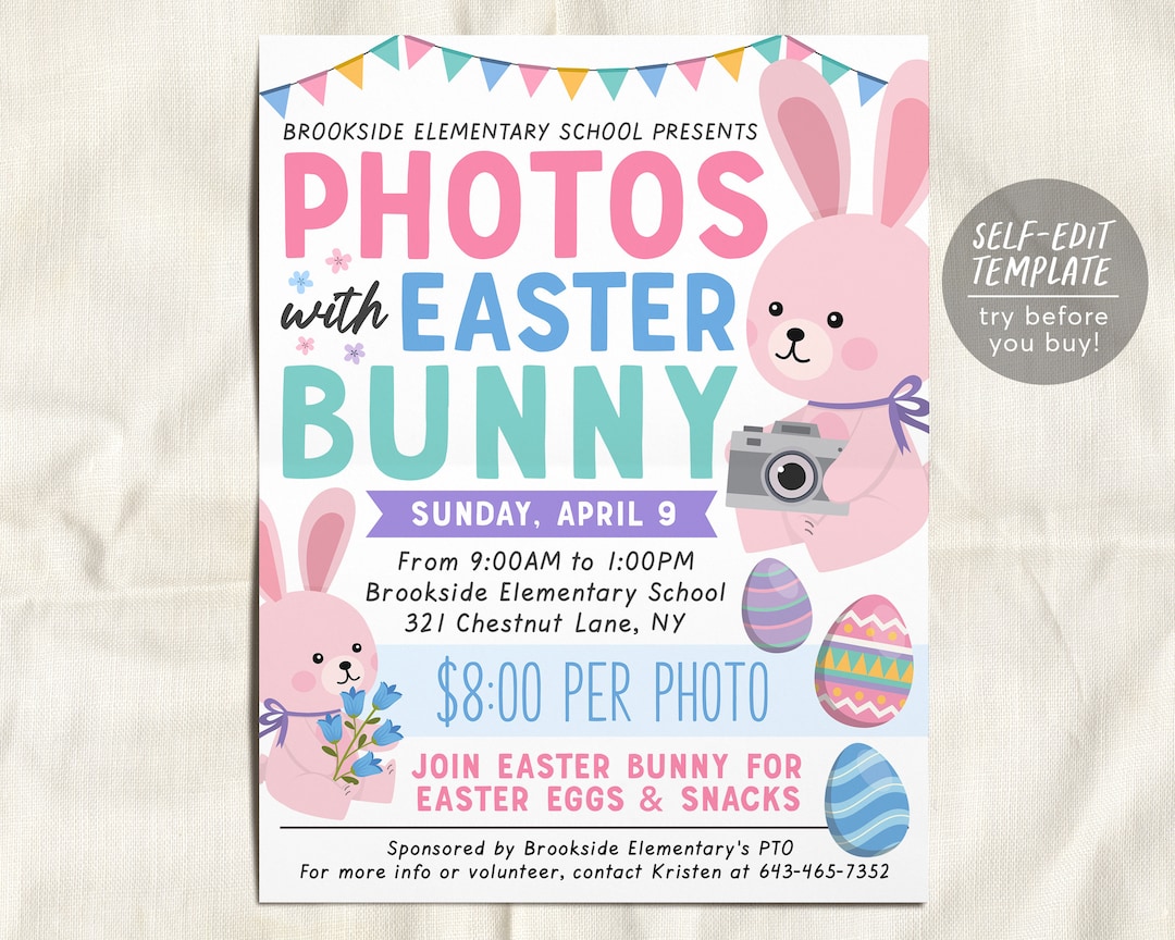Photos With the Easter Bunny Flyer Editable Template, Spring Easter ...