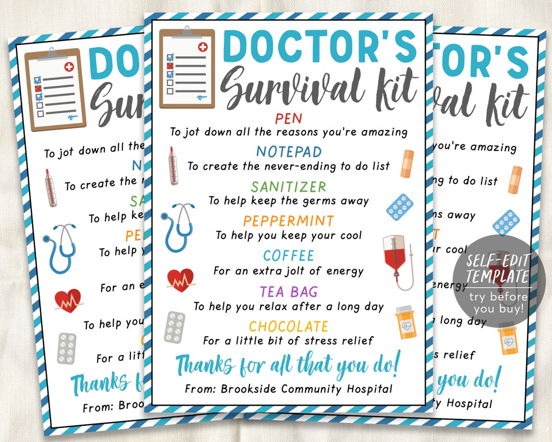 Doctor Survival Kit Gift Tags Editable Template, Doctor Appreciation ...