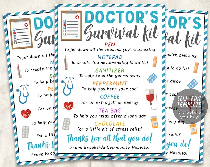 EDITABLE Doctor's Survival Kit Tag | Doctor Appreciation Gift Idea ...