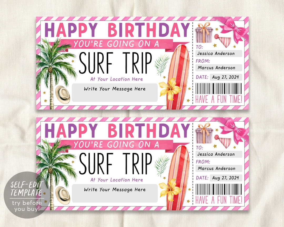 Surf Trip Ticket Gift Voucher Editable Template, Birthday Surprise ...