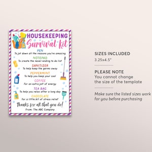 Housekeeper Survival Kit Gift Tags Editable Template, Housekeeping ...
