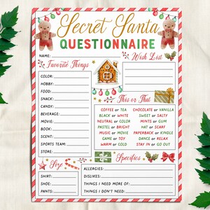 Secret Santa Questionnaire Gingerbread - Etsy