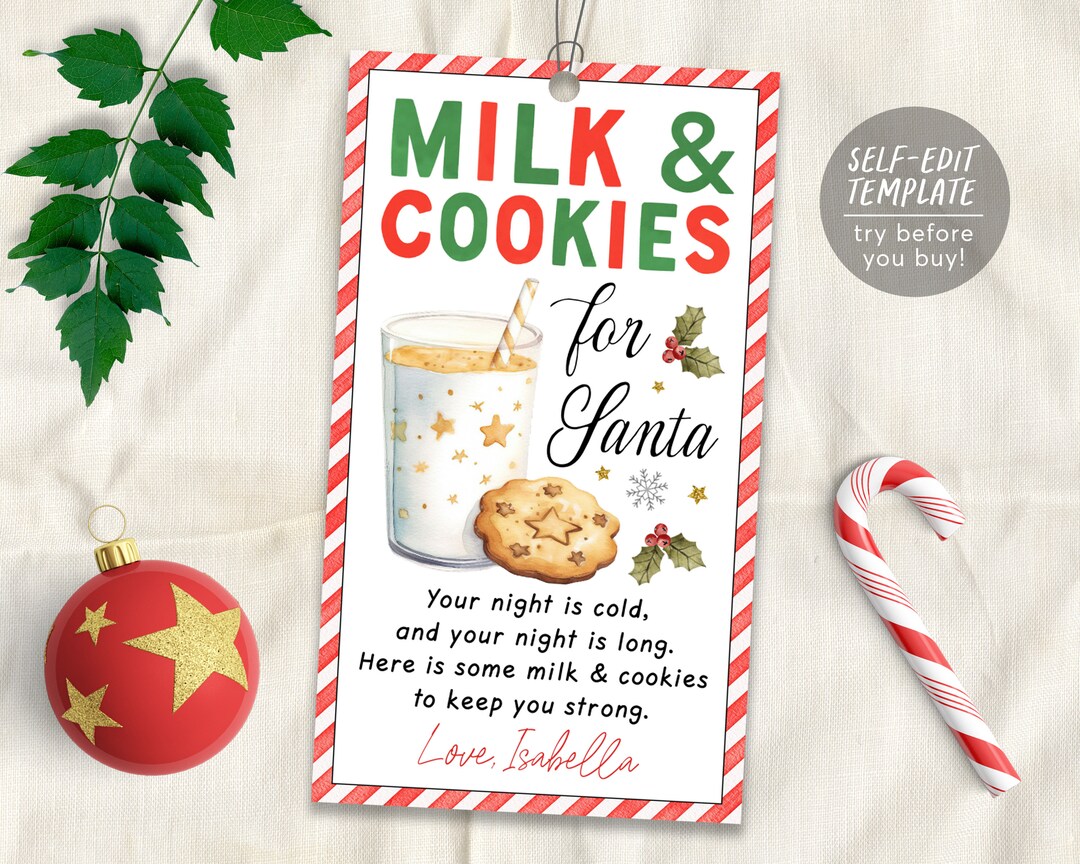 Milk and Cookies for Santa Tag Editable Template, Christmas Treats ...