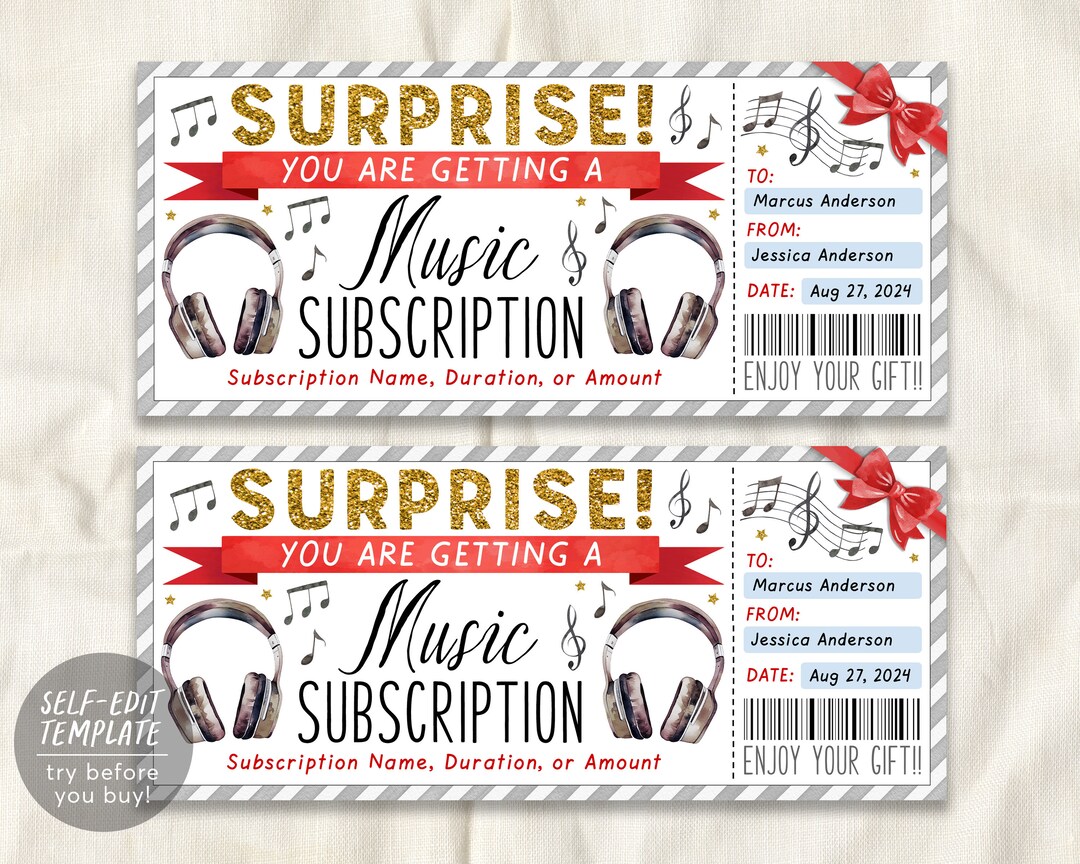 Surprise Music Subscription Gift Card Editable Template, Music ...