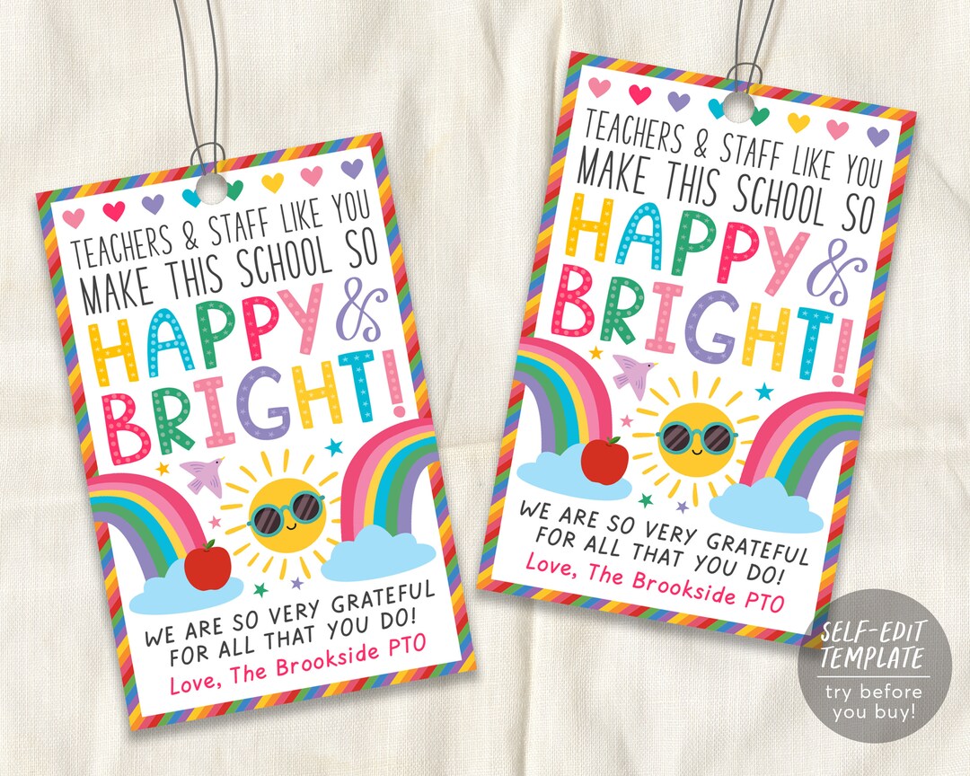 Rainbow Happy and Bright Appreciation Gift Tag Editable Template, Thank ...