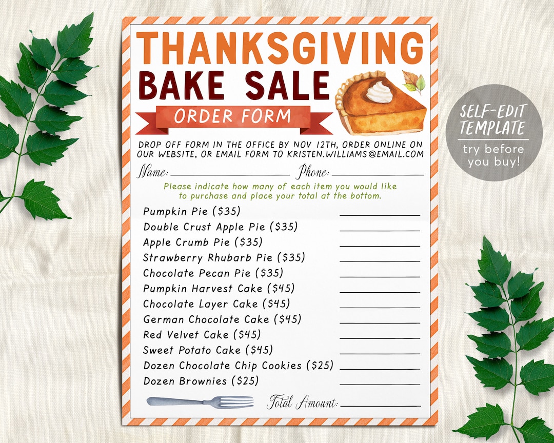 Thanksgiving Bake Sale Order Form Editable Template, Fall Fundraiser ...