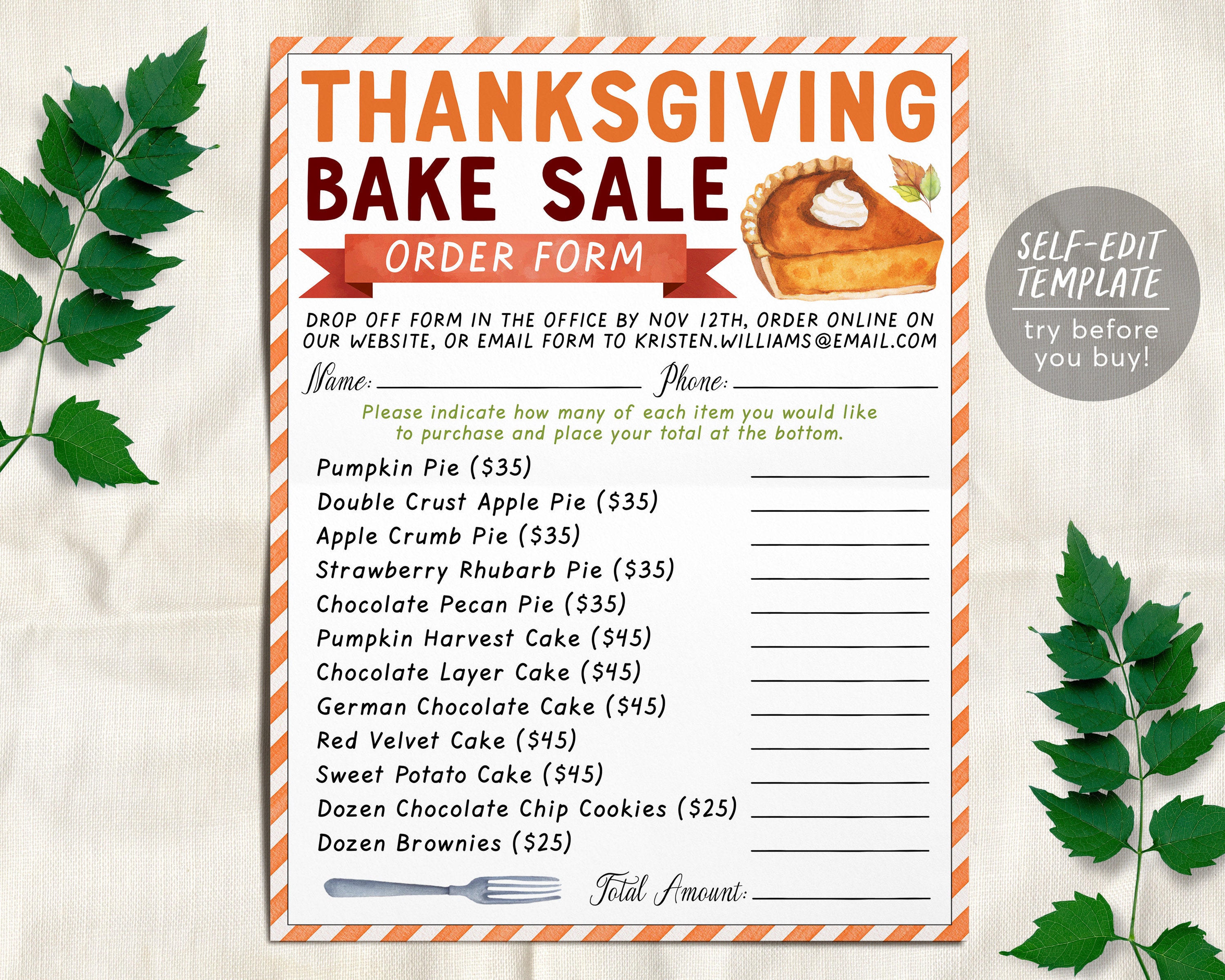 Thanksgiving Bake Sale Order Form Editable Template, Fall Fundraiser ...