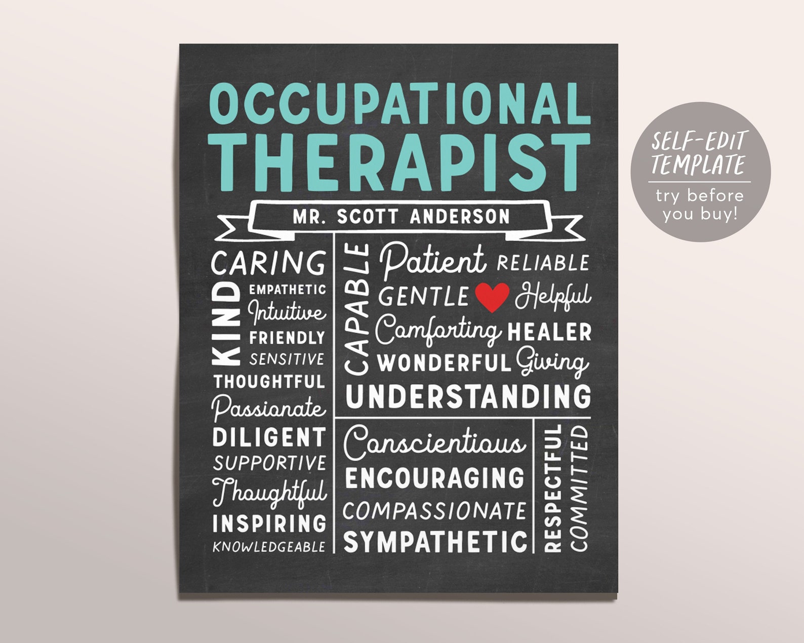 Editable Occupational Therapist Chalkboard Gift Print - Etsy