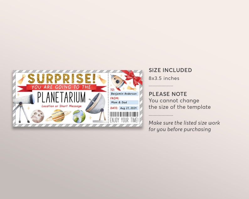 Planetarium Ticket Editable Template, Surprise Space Museum Gift ...