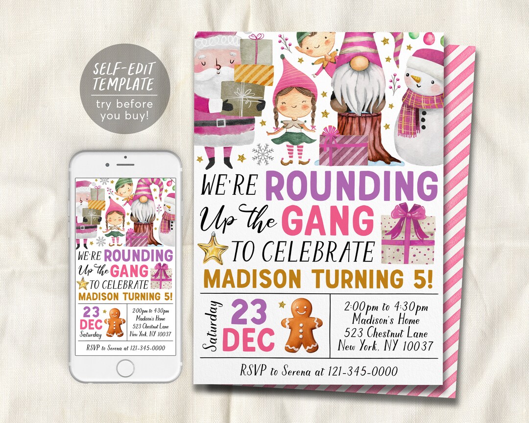 We're Rounding up the Gang Birthday Invitation Editable Template, Santa ...