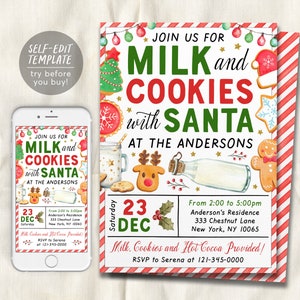 Milk and Cookies With Santa Invitation Editable Template, Christmas ...