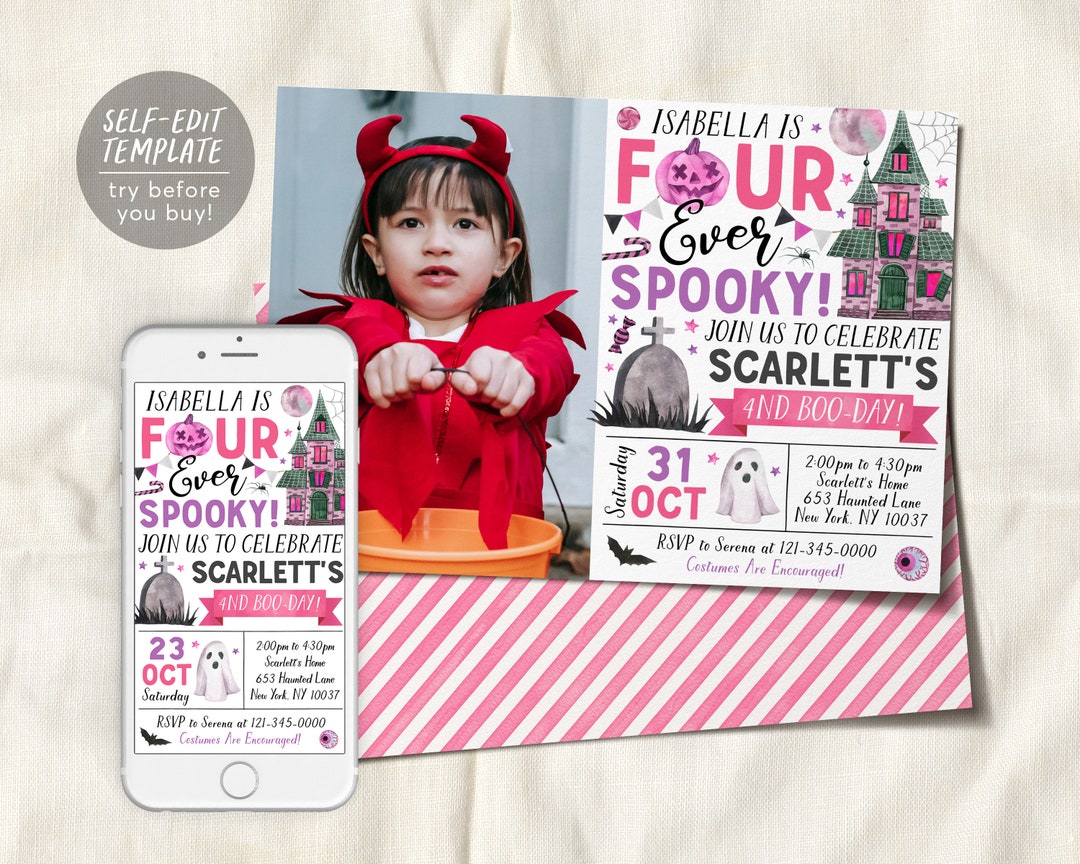 Four Ever Spooky Halloween 4th Birthday Invitation With Photo Editable ...