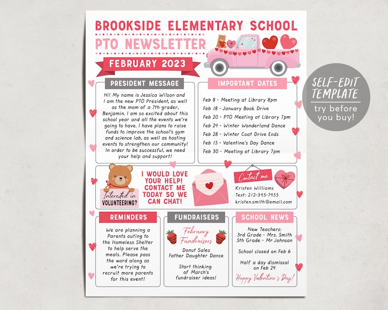 February PTO PTA Newsletter Flyer Editable Template, School Valentine's ...