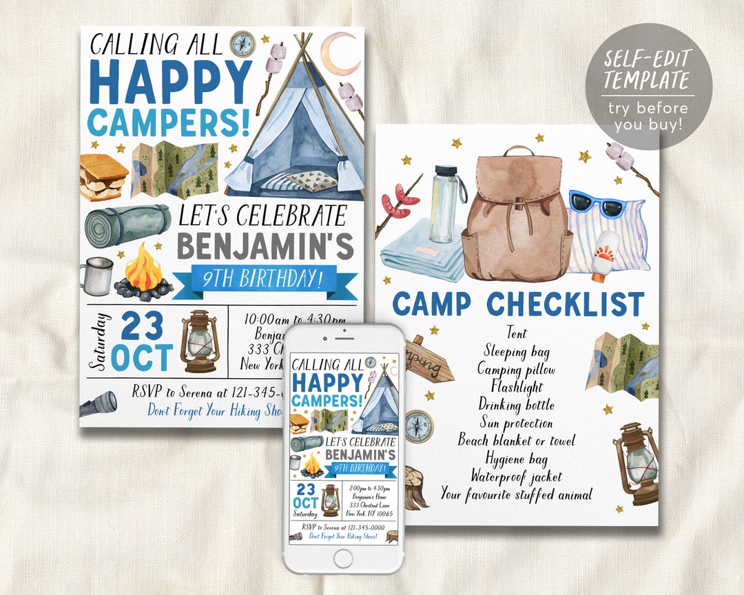 Boy Camping Birthday Invitation Editable Template, Outdoor Camp Out ...