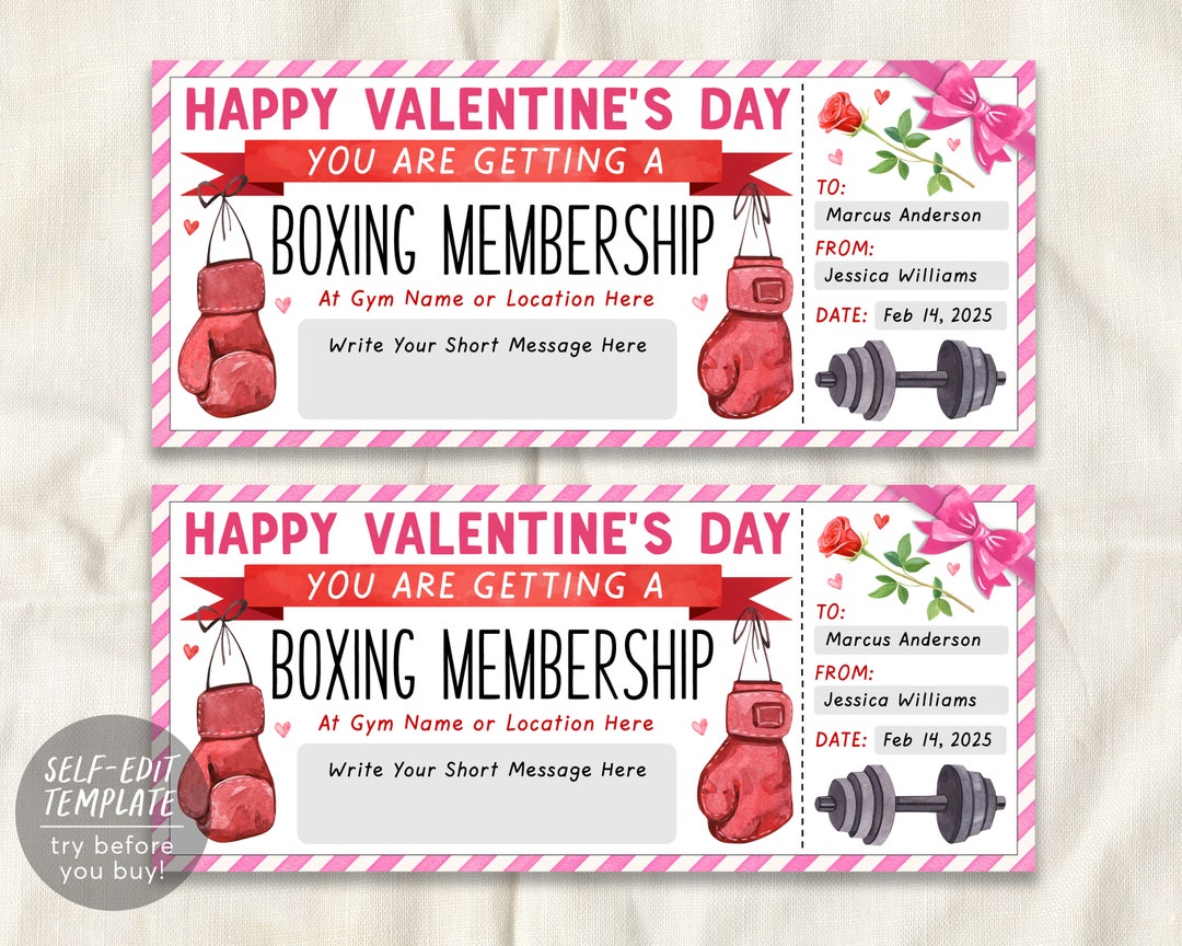 Valentines Day Boxing Membership Ticket Editable Template, Anniversary ...