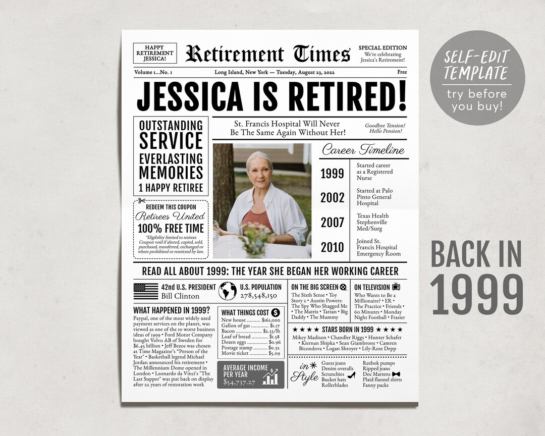 Editable Retirement Celebration Sign, Unique Newspaper Retirement Gifts ...