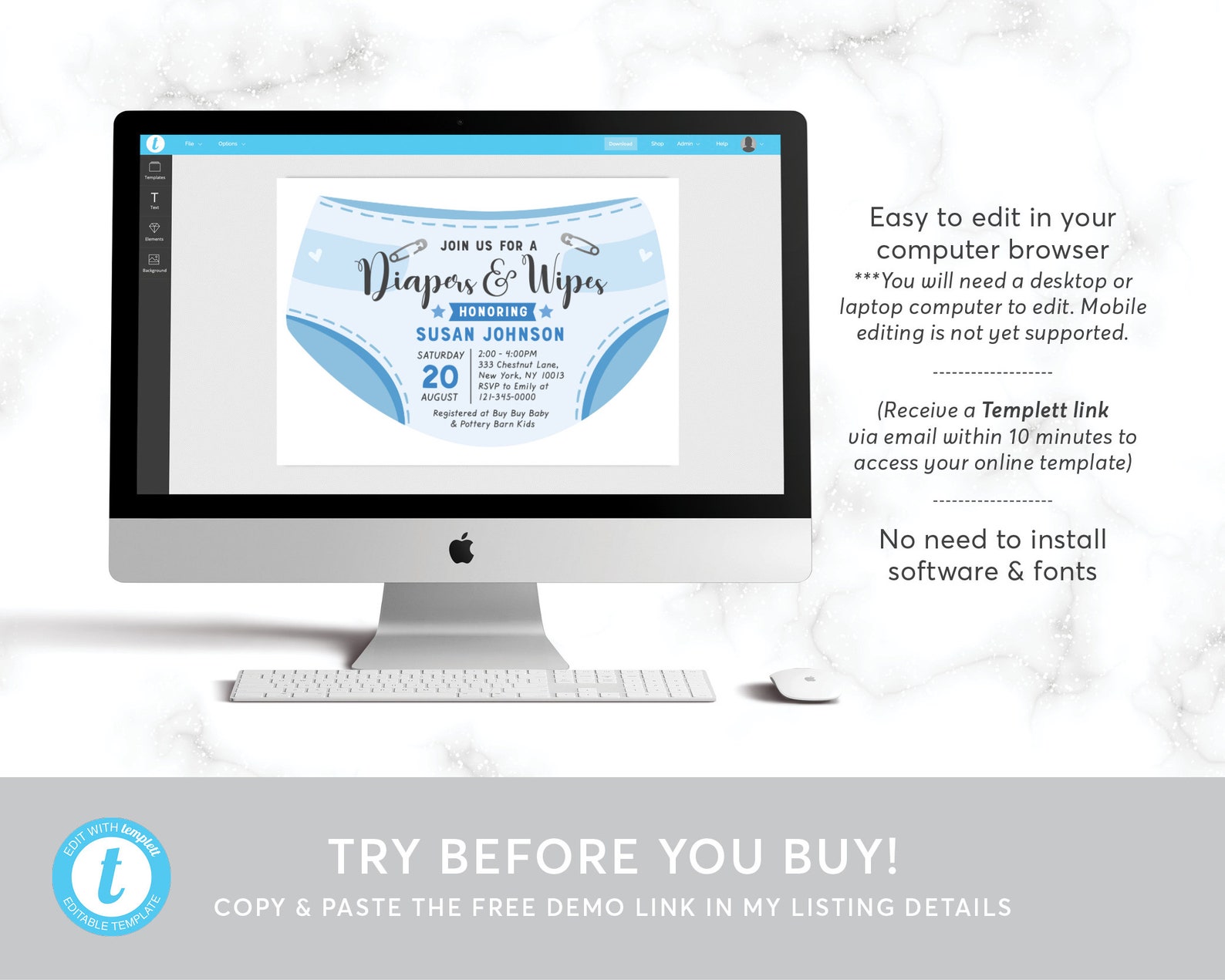 Editable Diaper and Wipes Baby Shower Invitation Template - Etsy