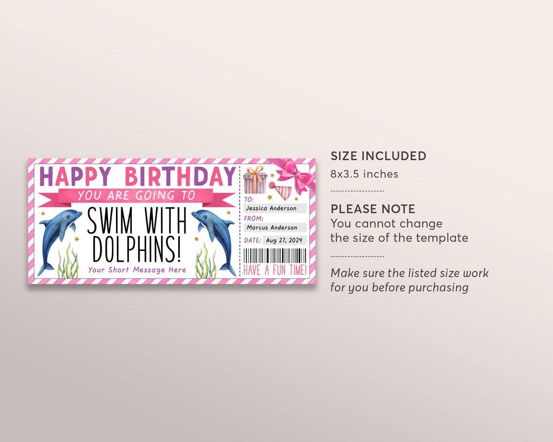 Swim With Dolphins Ticket Editable Template, Birthday Surprise Dolphin ...