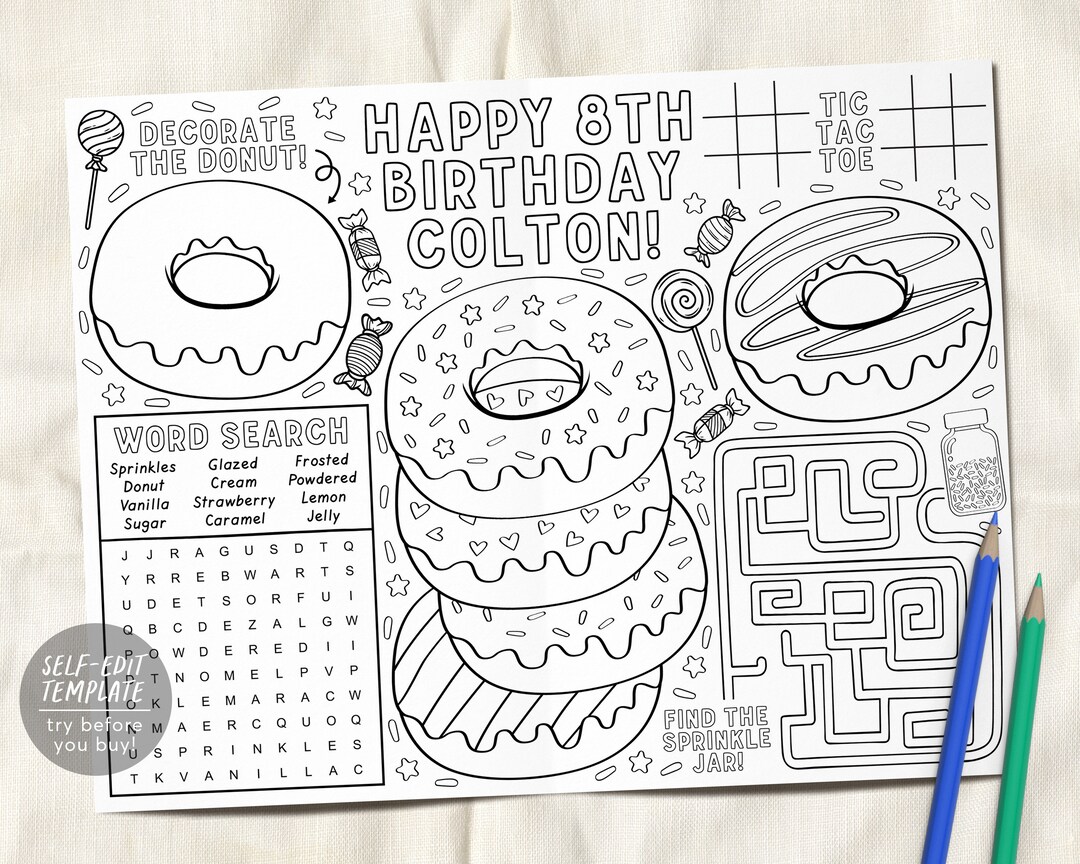 Donut Birthday Party Coloring Placemat for Kids Editable Template ...