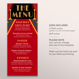 Red Carpet Dinner Menu Editable Template, Hollywood VIP Pass Sweet ...