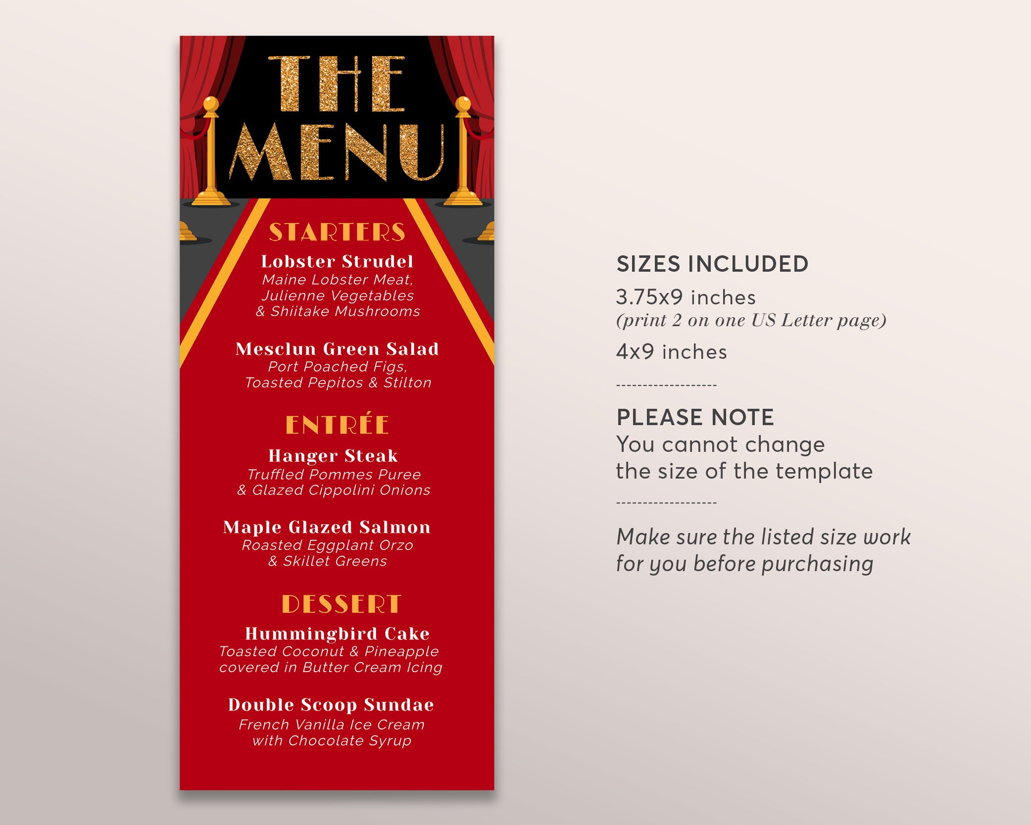 Red Carpet Dinner Menu Editable Template, Hollywood VIP Pass Sweet ...
