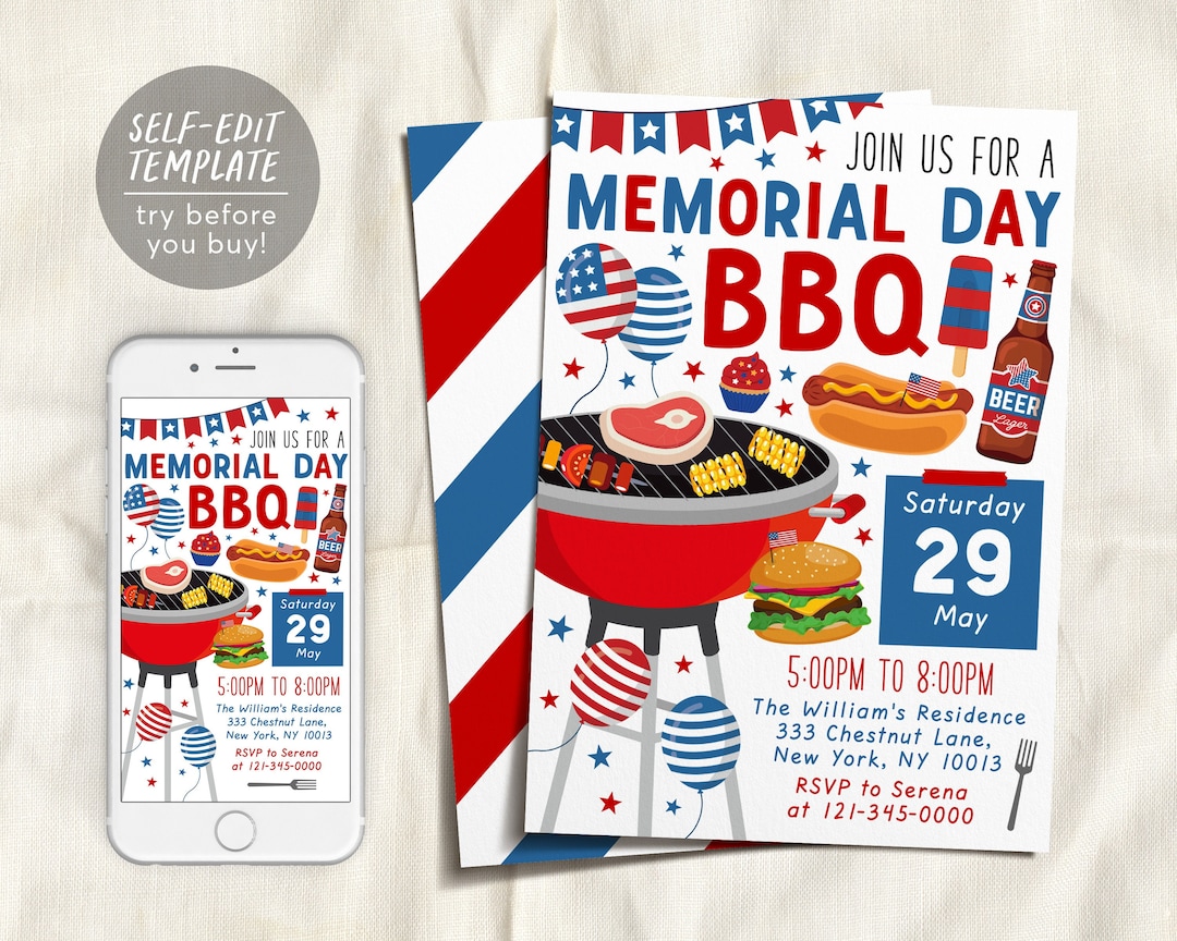 Memorial Day BBQ Invitation Editable Template, Patriotic Memorial Day ...