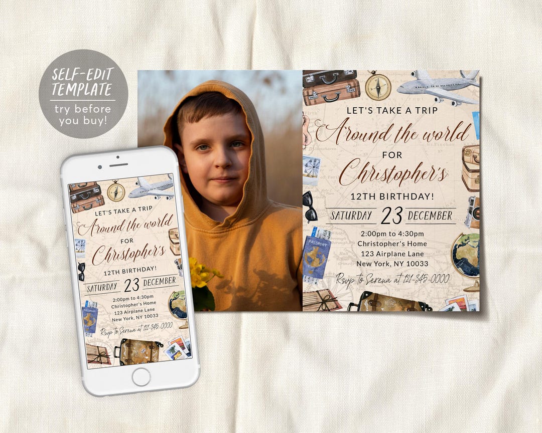 Around the World Birthday Invitation With Photo Editable Template ...