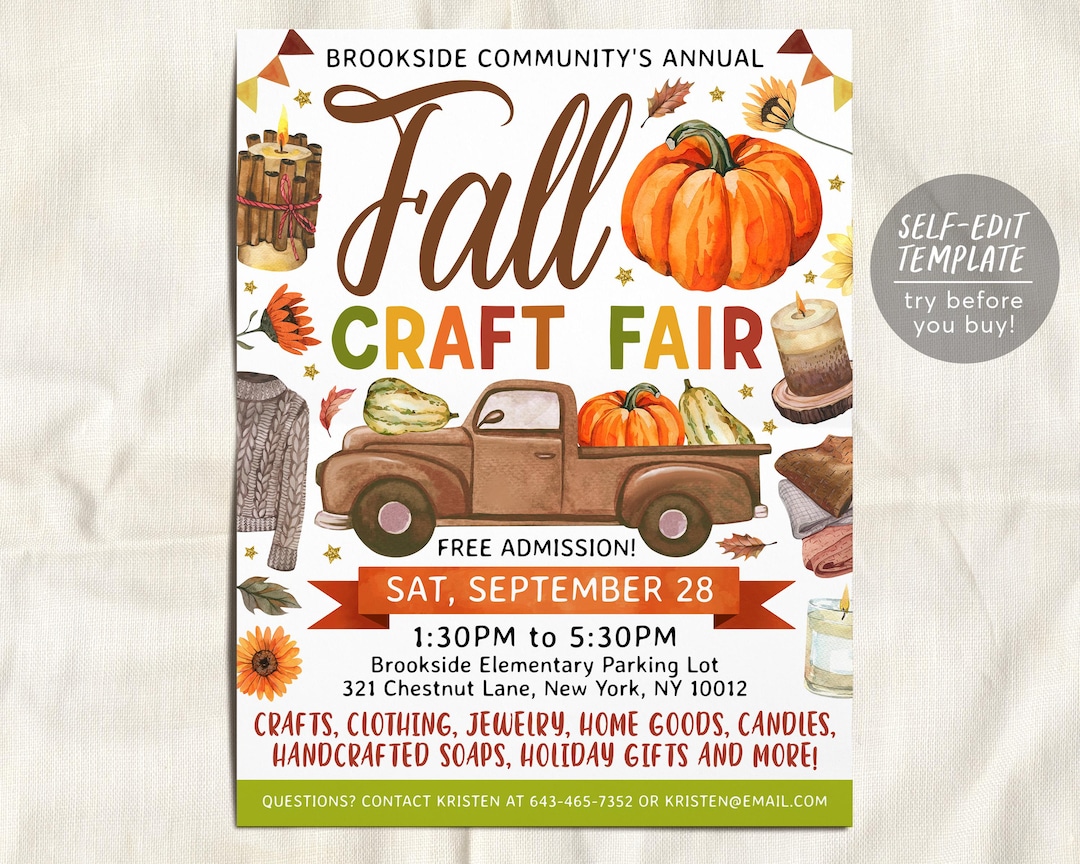 Fall Craft Fair Flyer Editable Template, Fall Harvest Festival Shopping ...